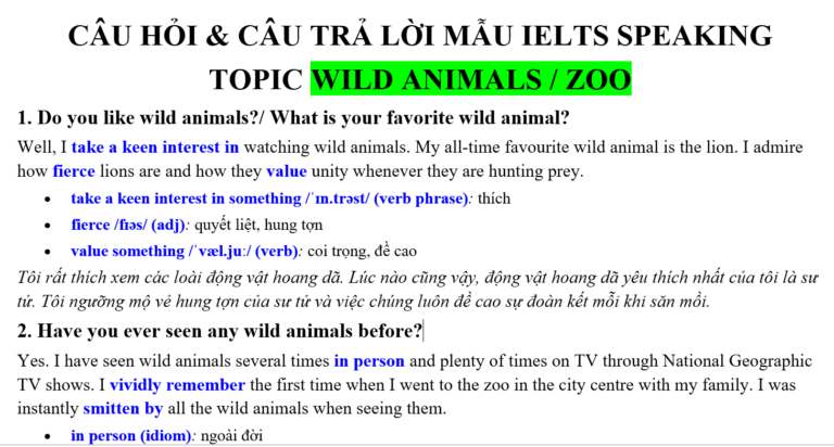 Bài mẫu IELTS Speaking Part 2, 3: Describe a wild animal